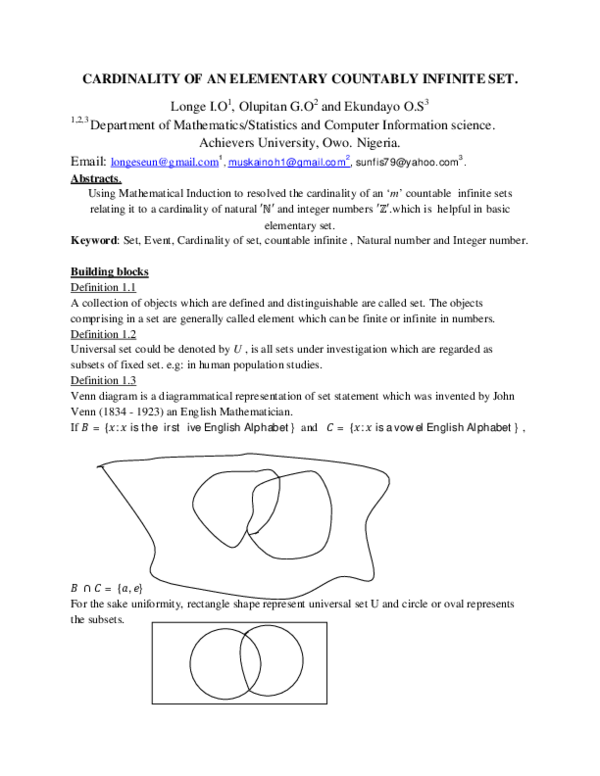 (PDF) CARDINALITY OF AN ELEMENTARY COUNTABLY INFINITE SET.