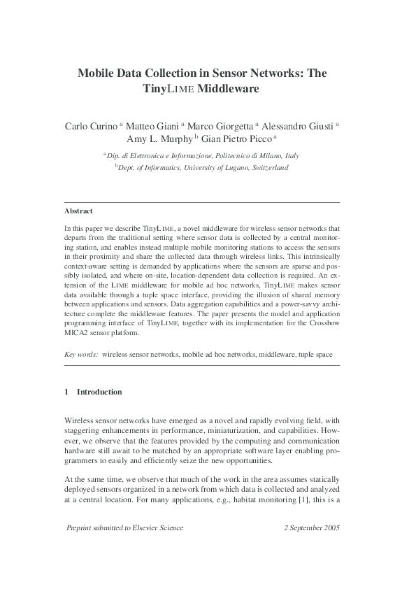 Pdf Mobile Data Collection In Sensor Networks The Tiny Lime Middleware 