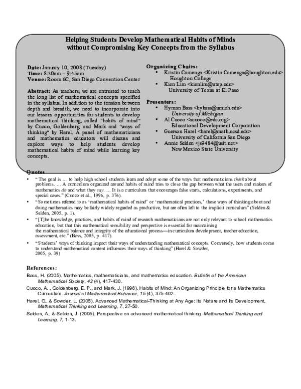 (PDF) Helping Students Develop Mathematical Habits of Minds without ...