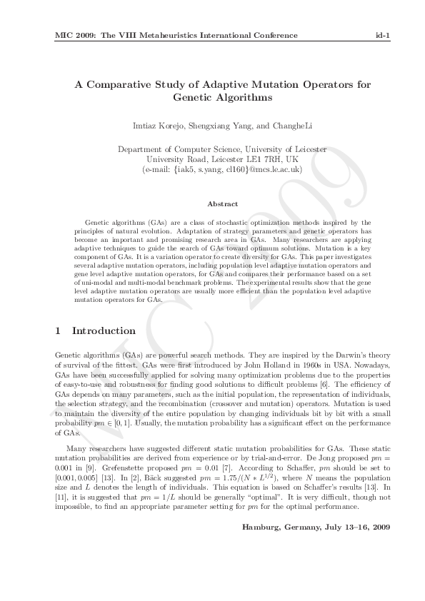(PDF) A Comparative Study of Adaptive Mutation Operators for Genetic ... (PDF) A Comparative Study of Adaptive Mutation Operators for Genetic ...