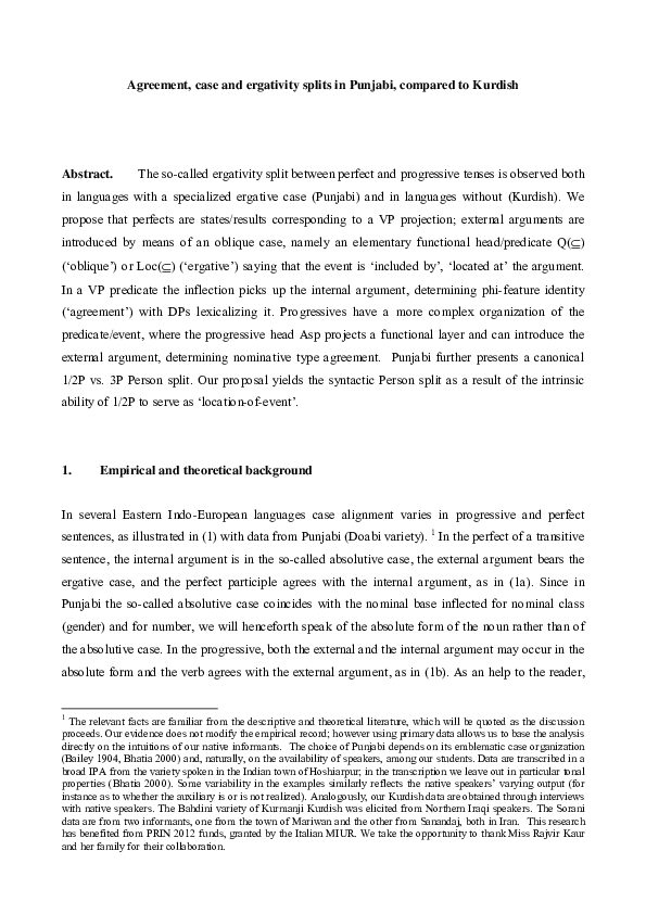 (PDF) Agreement, case and ergativity splits in Punjabi, compared to Kurdish