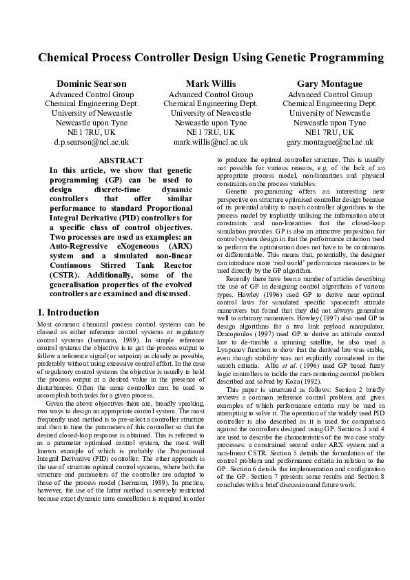 (PDF) Chemical Process Controller Design Using Genetic Programming