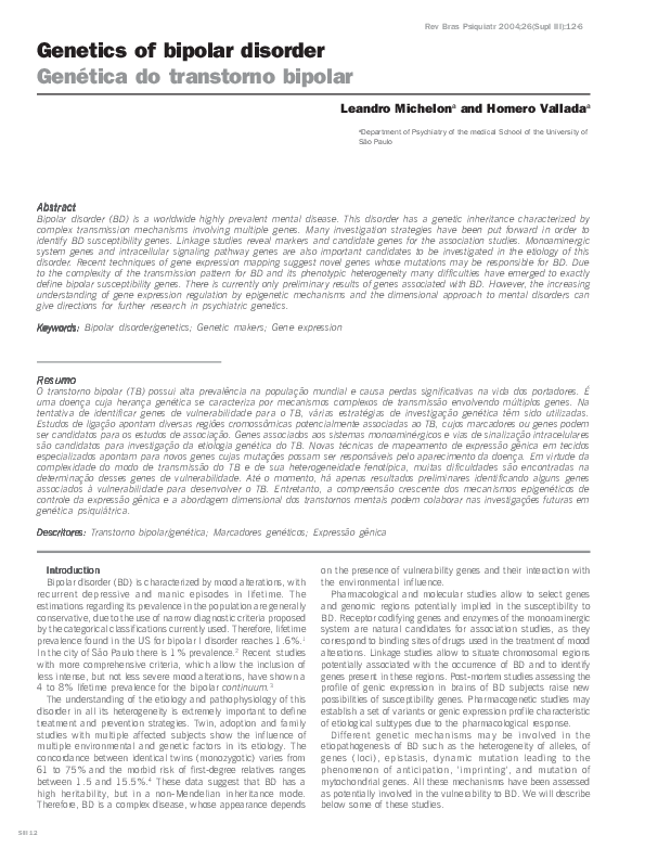 (PDF) Genetics of bipolar disorder Genética do transtorno bipolar