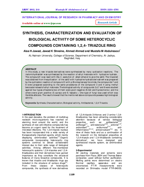 (PDF) SYNTHESIS, CHARACTERIZATION AND EVALUATION OF BIOLOGICAL ACTIVITY OF SOME HETEROCYCLIC ...