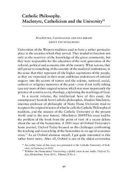 (PDF) Catholic Philosophy. MacIntyre, Catholicism and the University