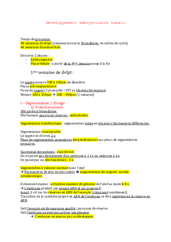 (DOC) Développement embryonnaire humain