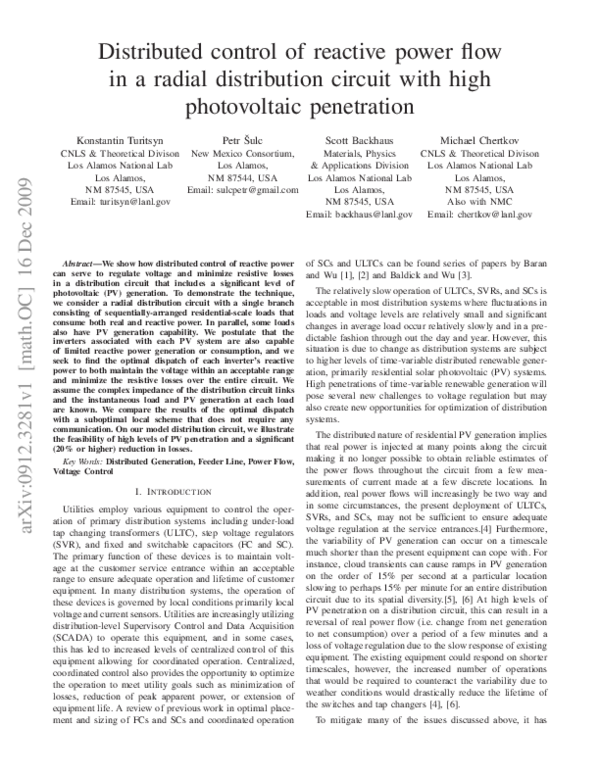 Pdf Distributed Control Of Reactive Power Flow In A Radial Distribution Circuit With High