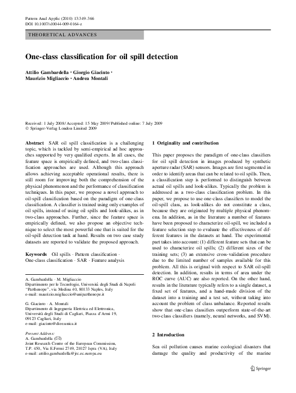 Pdf One Class Classification For Oil Spill Detection