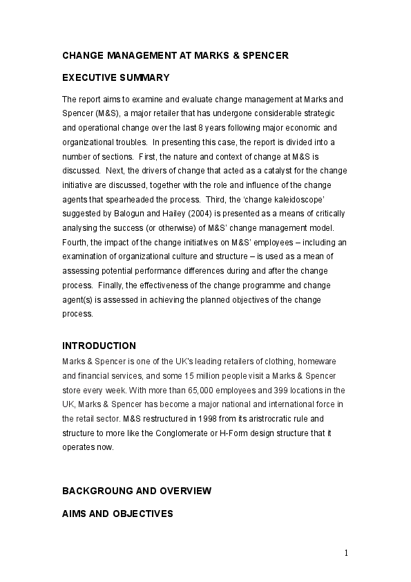 (DOC) CHANGE MANAGEMENT AT MARKS & SPENCER EXECUTIVE SUMMARY