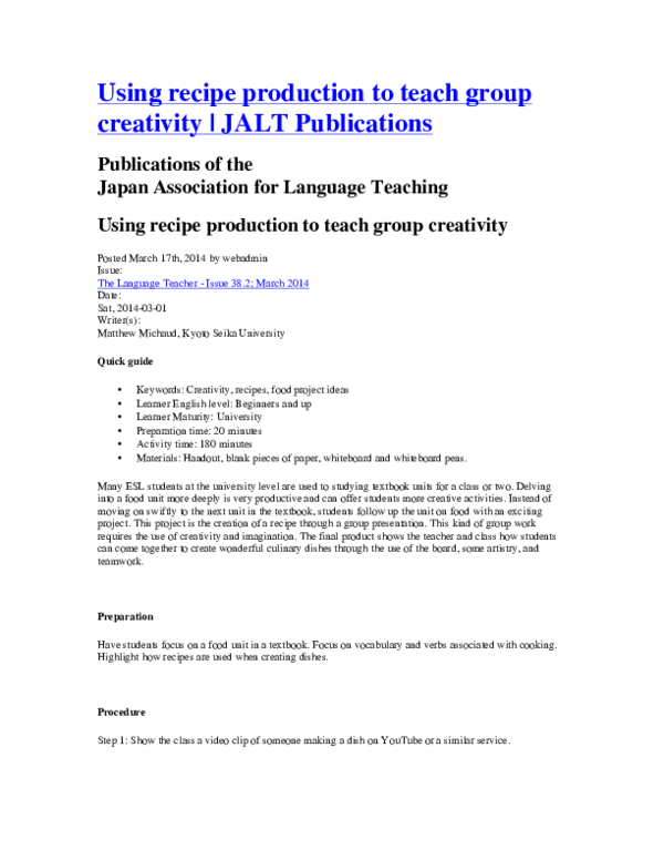 (PDF) Using Recipe Production to Teach Group Creativity