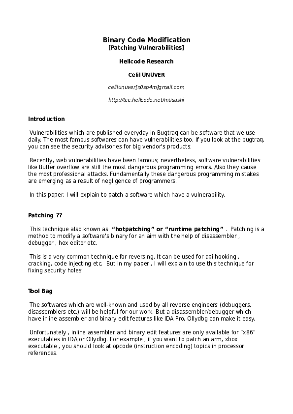 (PDF) Binary Code Modification [Patching Vulnerabilities] Hellcode Research