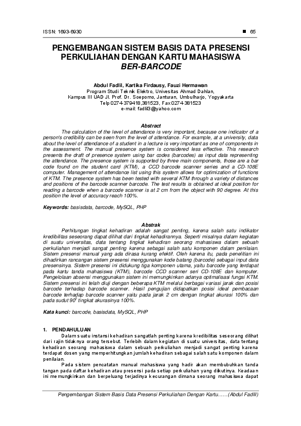 (PDF) PENGEMBANGAN SISTEM BASIS DATA PRESENSI PERKULIAHAN DENGAN KARTU MAHASISWA BER-BARCODE