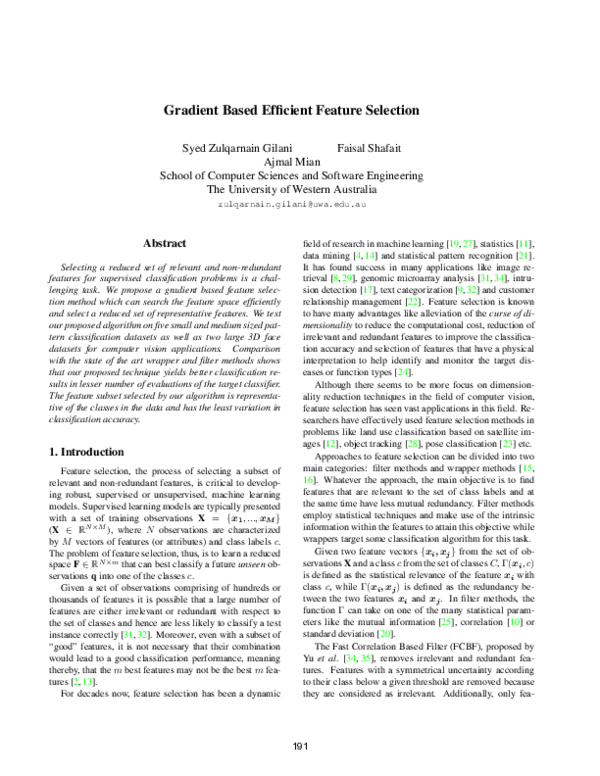 Pdf Gradient Based Efficient Feature Selection