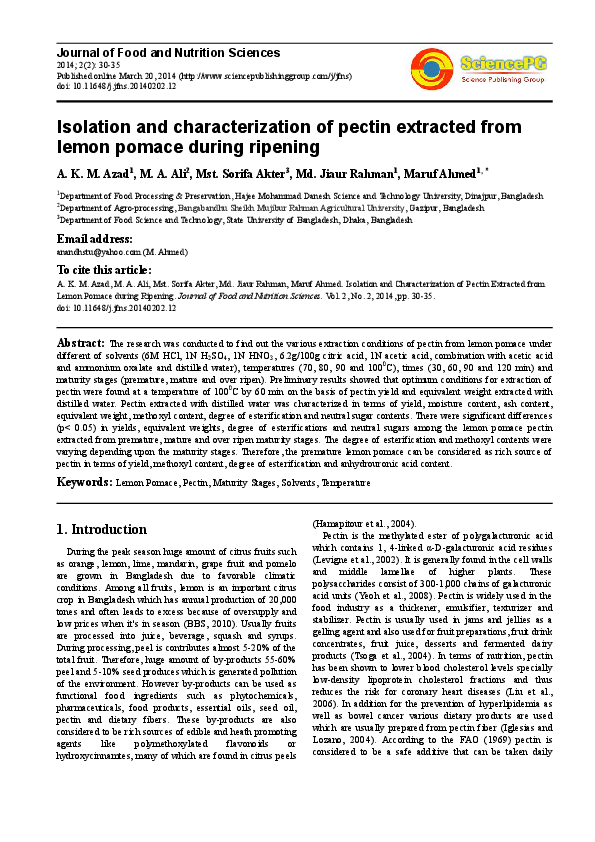 Pdf Isolation And Characterization Of Pectin Extracted From Lemon
