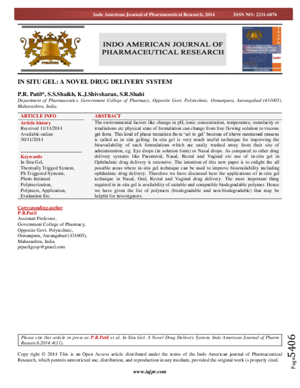 (PDF) In Situ Gel : A Novel Drug Delivery System