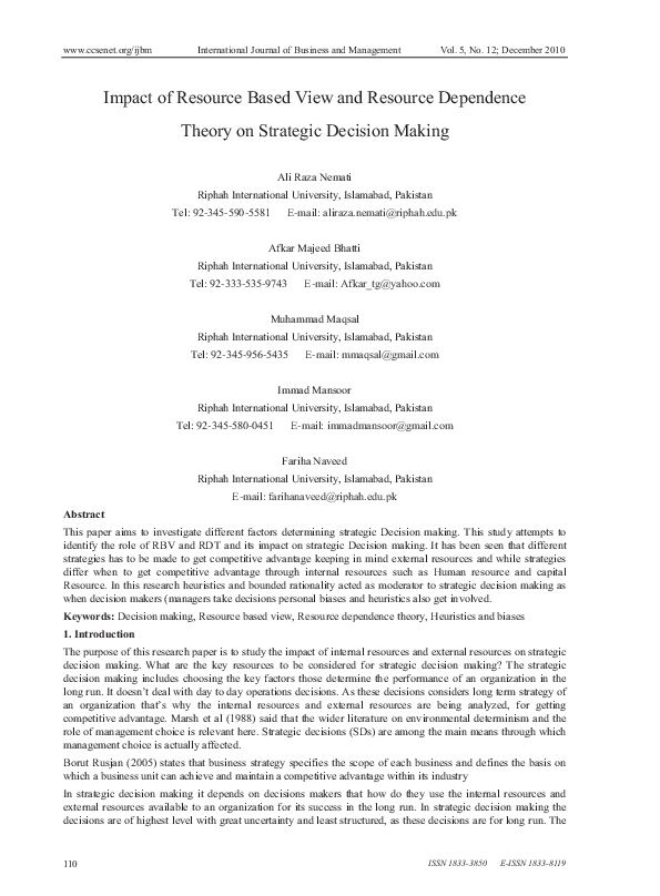 (PDF) Impact of Resource Based View and Resource Dependence Theory on ...