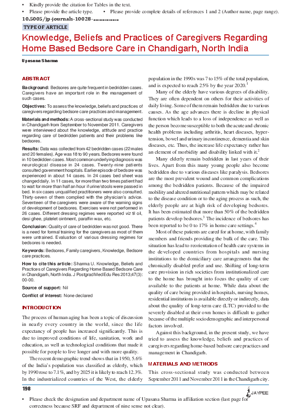 (PDF) Knowledge, Beliefs and Practices of Caregivers Regarding Home ...