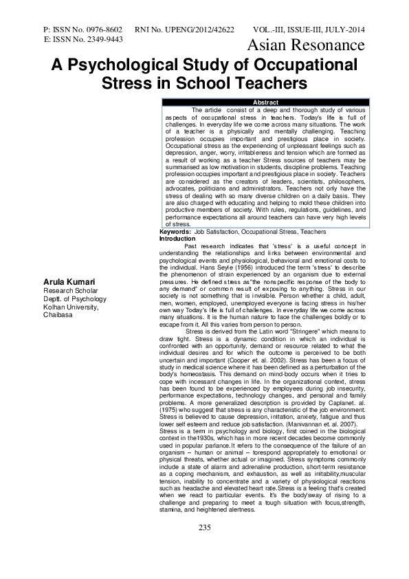 (PDF) A Psychological Study of Occupational Stress in School Teachers (PDF) A Psychological Study of Occupational Stress in School Teachers