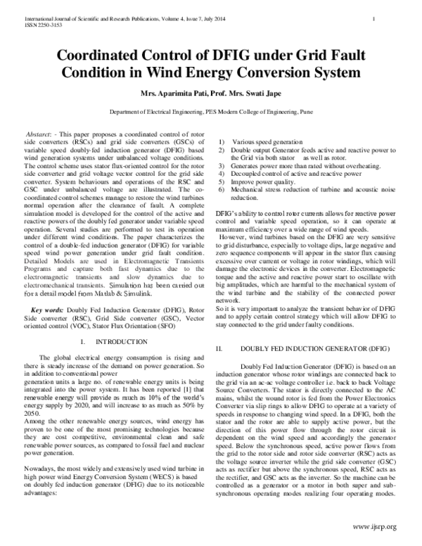 Pdf Coordinated Control Of Dfig Under Grid Fault Condition In Wind