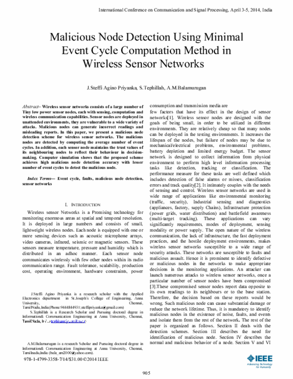 Pdf Malicious Node Detetction Using Minimal Event Cycle Computation Method In Wireless Sensor
