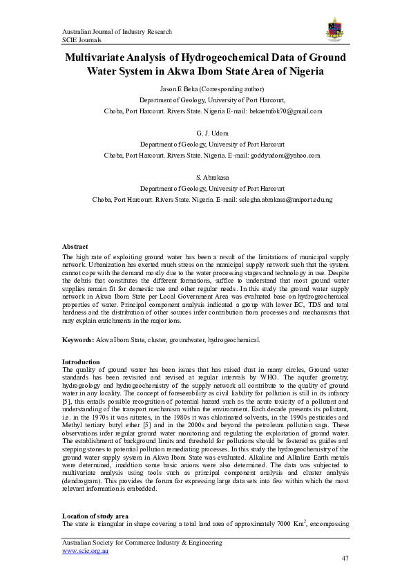 Pdf Multivariate Analysis Of Hydrogeochemical Data Of Ground Water System In Akwa Ibom State