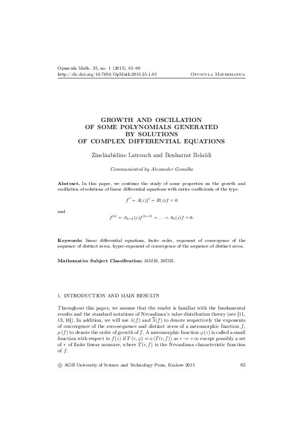 (PDF) Growth and oscillation of some polynomials generated by solutions of complex differential ...