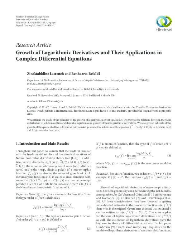 (PDF) Growth of Logarithmic Derivatives and Their Applications in ...