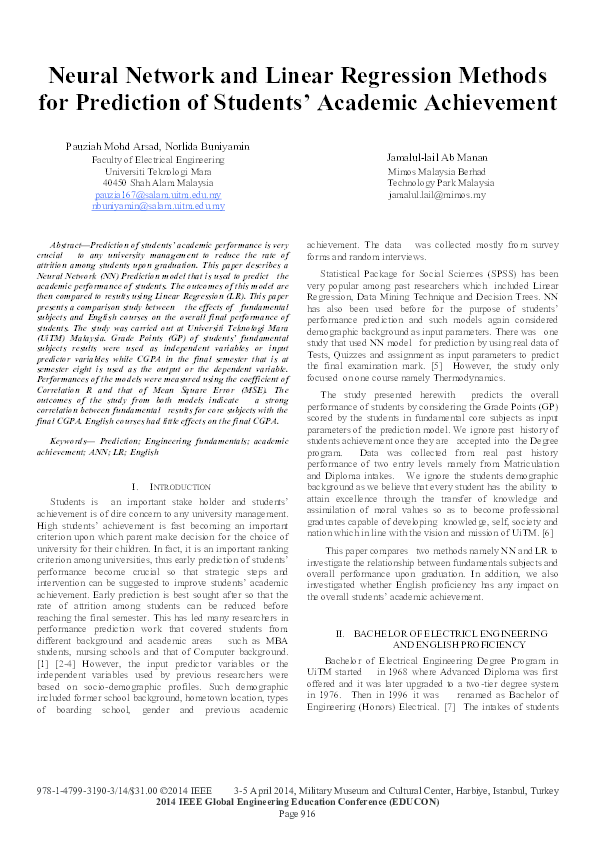 (PDF) Neural Network and Linear Regression Methods for Prediction of Students' Academic ...