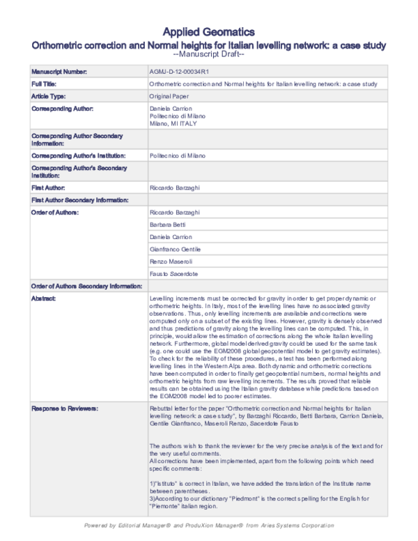 (PDF) Orthometric correction and Normal heights for Italian levelling ...