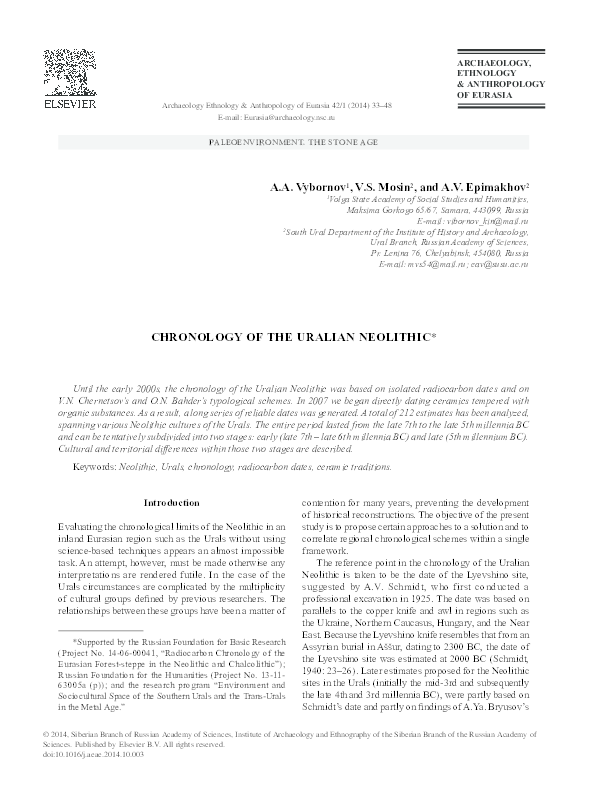 (PDF) CHRONOLOGY OF THE URALIAN NEOLITHIC (A.A. Vybornov, V.S. Mosin ...