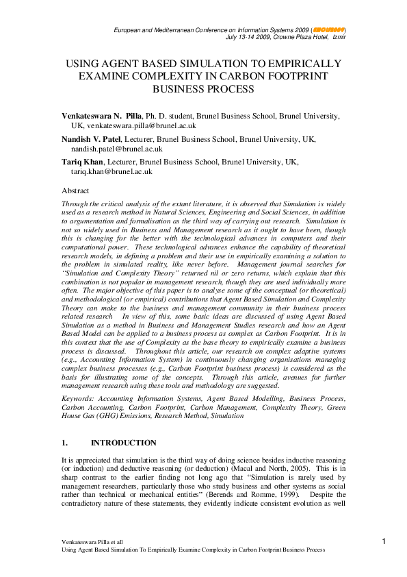 (PDF) USING AGENT BASED SIMULATION TO EMPIRICALLY EXAMINE COMPLEXITY IN CARBON FOOTPRINT ...