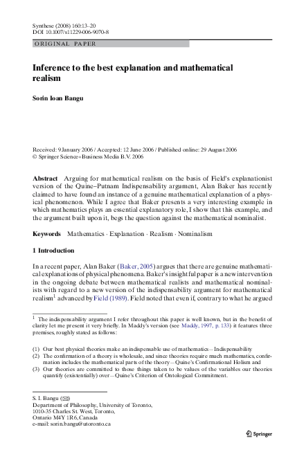 (PDF) Inference to the best explanation and mathematical realism