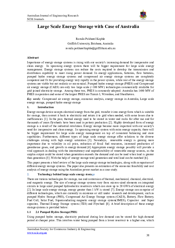 (PDF) Large Scale Energy Storage with Case of Australia