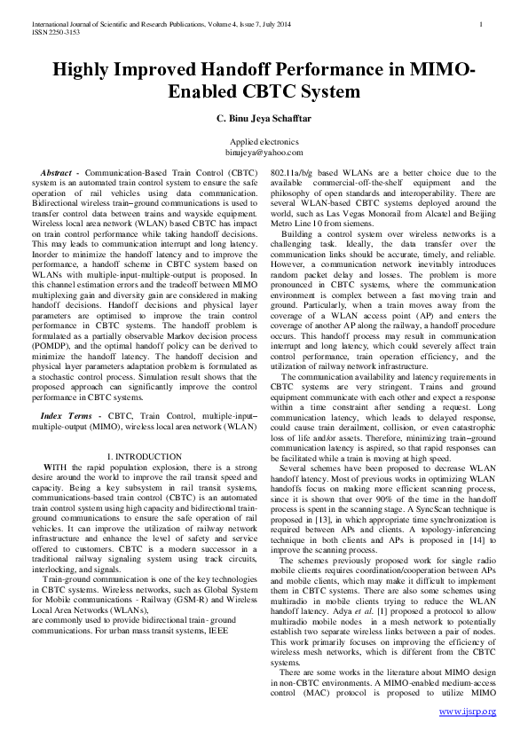 (PDF) Highly Improved Handoff Performance in MIMOEnabled CBTC System