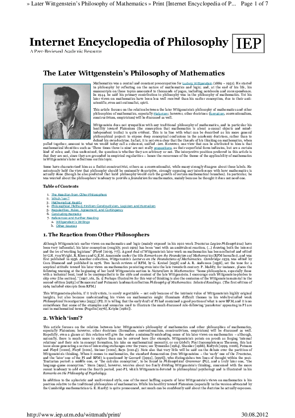 (PDF) Later Wittgenstein's Philosophy of Mathematics. Entry in Internet ...