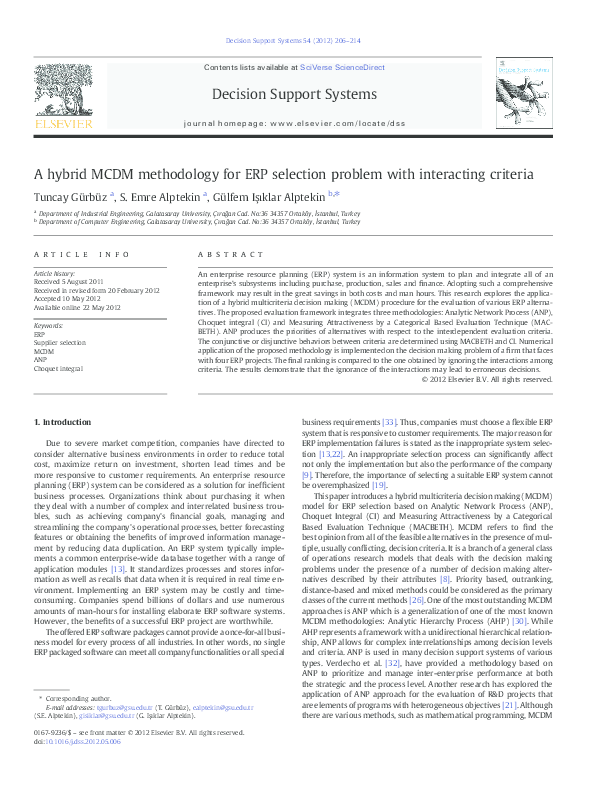 (PDF) A hybrid MCDM methodology for ERP selection problem with interacting criteria