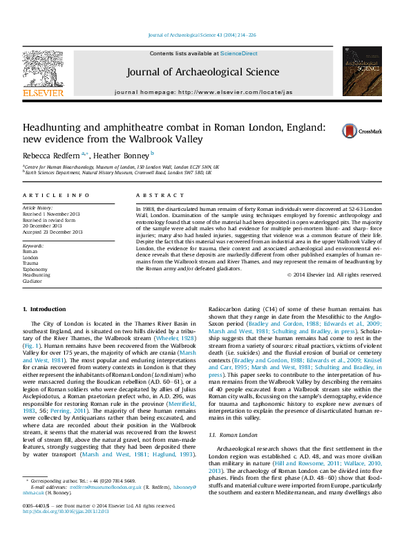 (PDF) Headhunting and amphitheatre combat in Roman London, England: new ...
