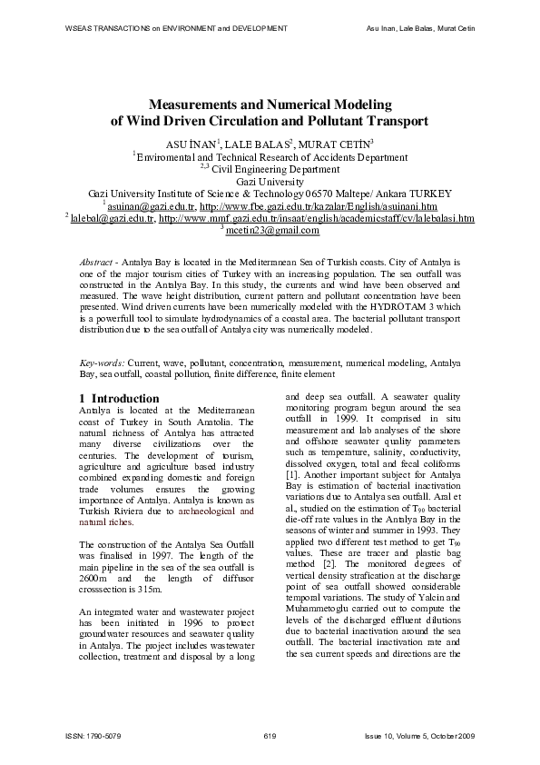 Pdf Measurements And Numerical Modeling Of Wind Driven Circulation
