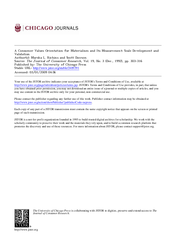 (PDF) A Consumer Values Orientation for Materialism and Its Measurement: Scale Development and ...
