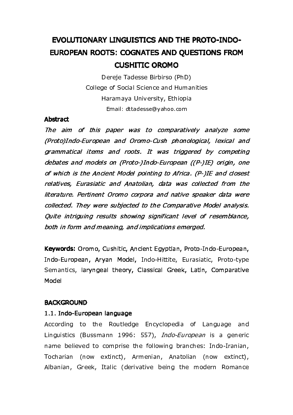 (PDF) EVOLUTIONARY LINGUISTICS AND THE PROTO-INDOEUROPEAN ROOTS ...