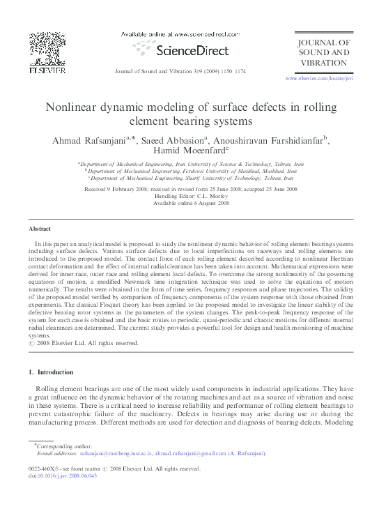 Pdf Nonlinear Dynamic Modeling Of Surface Defects In Rolling Element Bearing Systems