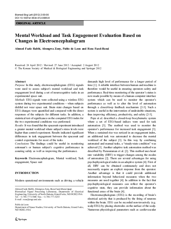 (PDF) Mental Workload and Task Engagement Evaluation Based on Changes ...