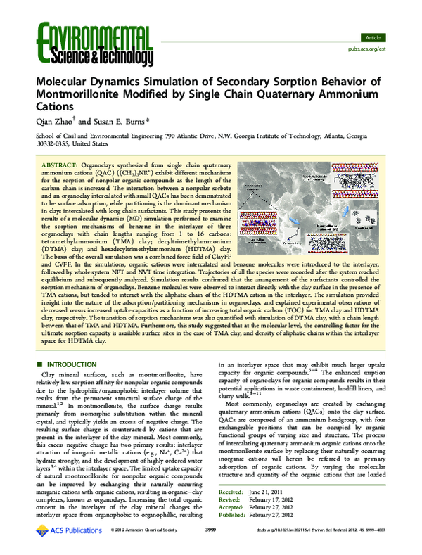 Pdf Molecular Dynamics Simulation Of Secondary Sorption Behavior Of