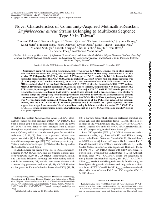 Pdf Novel Characteristics Of Community Acquired Methicillin Resistant Staphylococcus Aureus