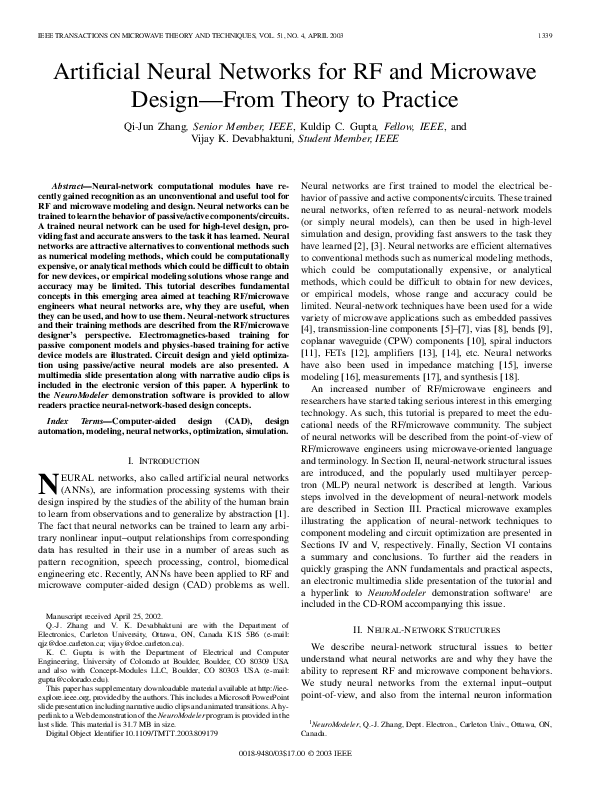 Pdf Artificial Neural Networks For Rf And Microwave Design From Theory To Practice