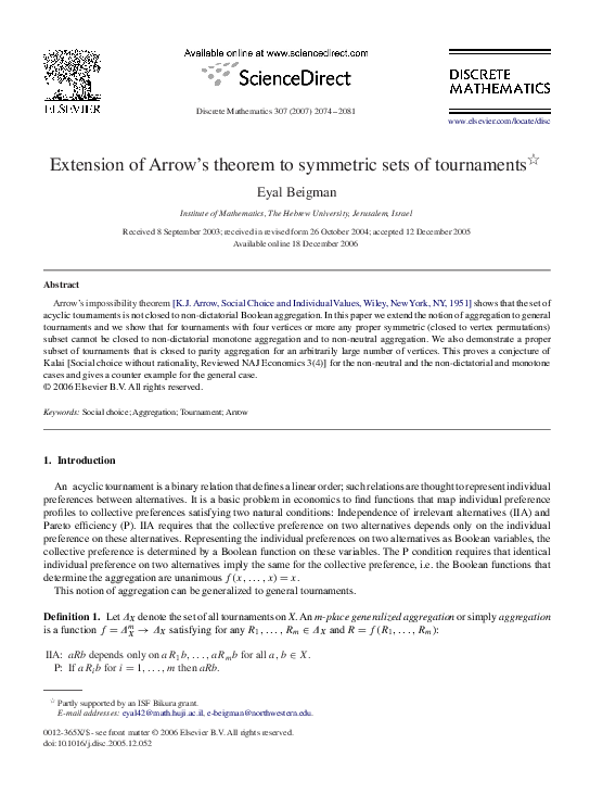 Extension of Arrow's theorem to symmetric sets of tournaments | Eyal ...