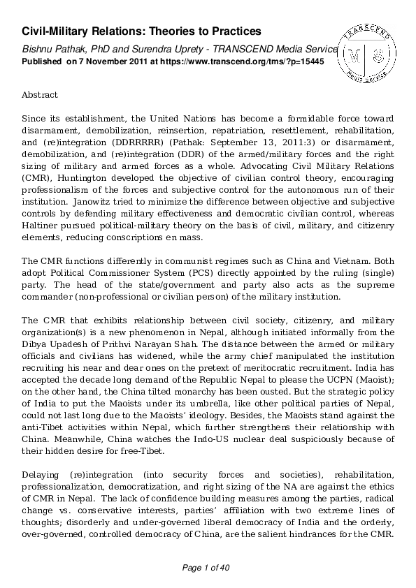 (PDF) Civil-Military Relations: Theories to Practices Civil-Military ...