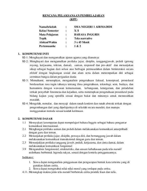 (PDF) Lesson Plan BAHASA INGGRIS (NARRATIVE TEXT) for senior high ...