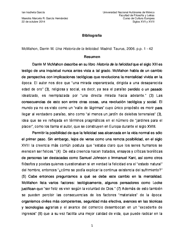 (DOC) Resumen de Historia de la felicidad por Darrin McMahon