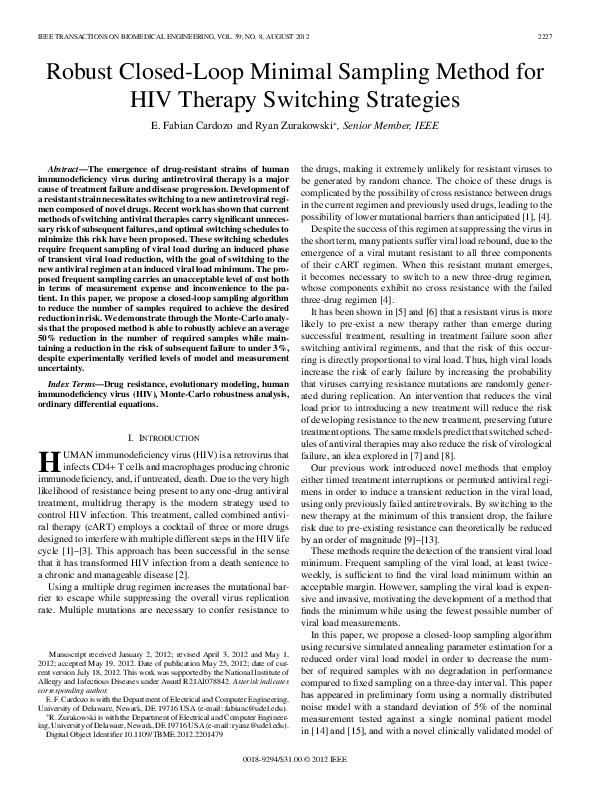 (PDF) Robust Closed-Loop Minimal Sampling Method for HIV Therapy Switching Strategies
